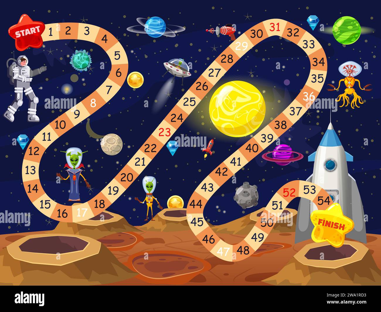 Space Boardgame astronaut, spaceship, rocket, UFO, step boardgame path ...