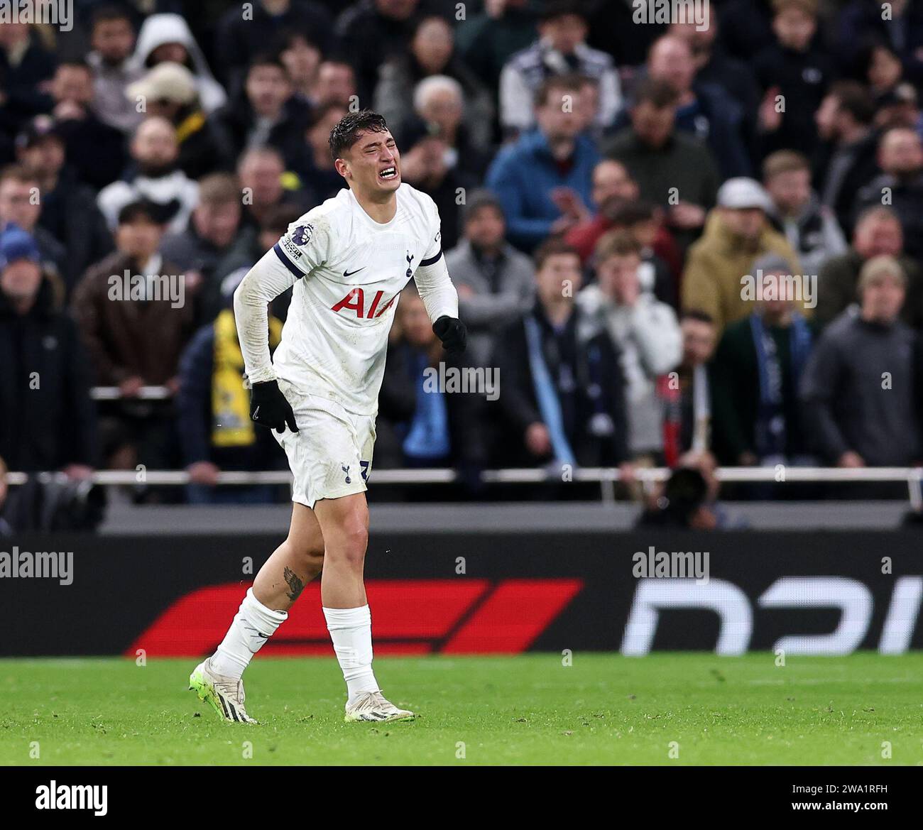 London, UK. 31st Dec, 2023. Alejo Veliz of Tottenham goes off injured ...