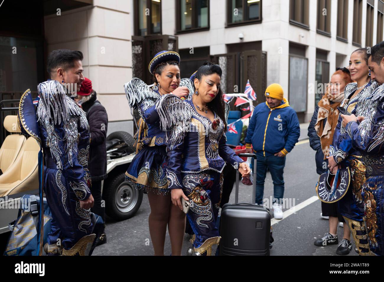 London, UK. 01st Jan, 2024. London New Years Day Parade 2024 Performers from prepare their ...