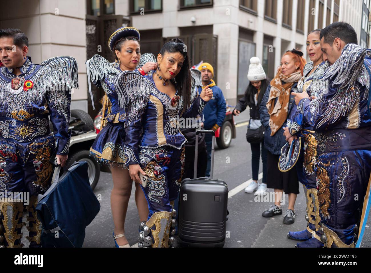 London New Years Day Parade 2024 Performers from prepare their costumes from ready for the start ...