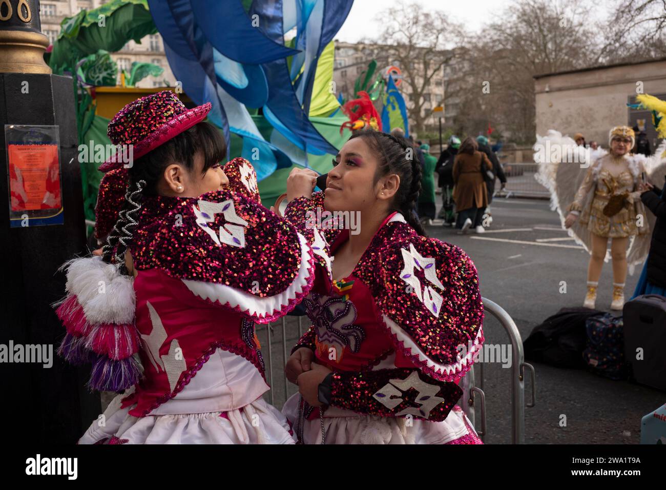 London, UK. 01st Jan, 2024. London New Years Day Parade 2024 Performers from prepare their ...