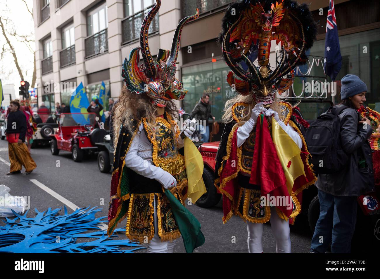 London, UK. 01st Jan, 2024. London New Years Day Parade 2024 Performers from prepare their ...