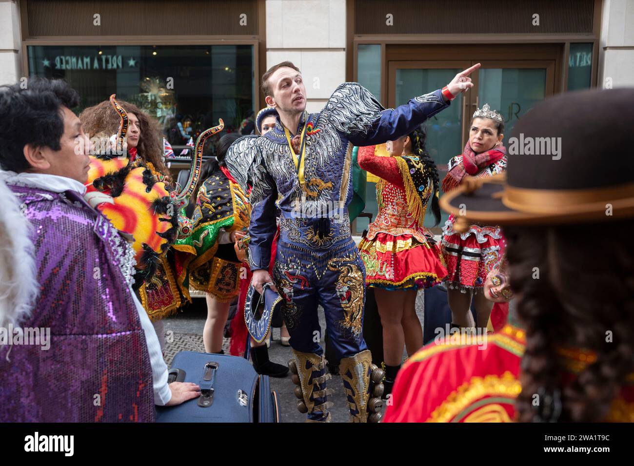 London, UK. 01st Jan, 2024. London New Years Day Parade 2024 Performers from prepare their ...