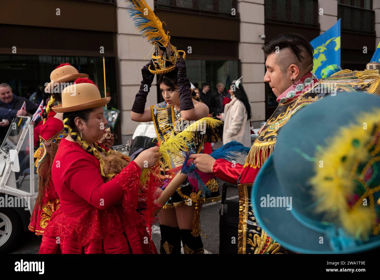 London, UK. 01st Jan, 2024. London New Years Day Parade 2024 Performers from prepare their ...