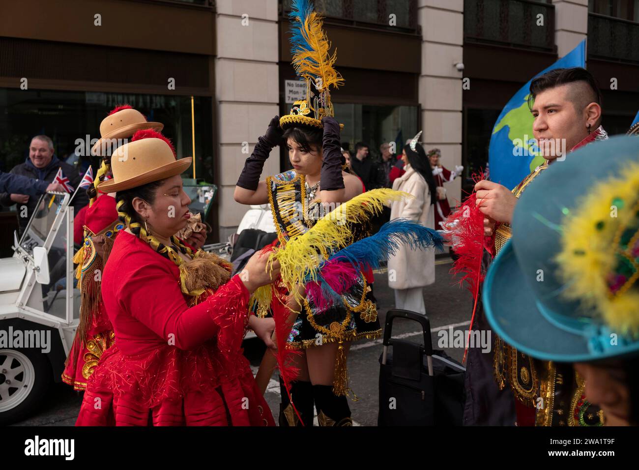 London, UK. 01st Jan, 2024. London New Years Day Parade 2024 Performers from prepare their ...
