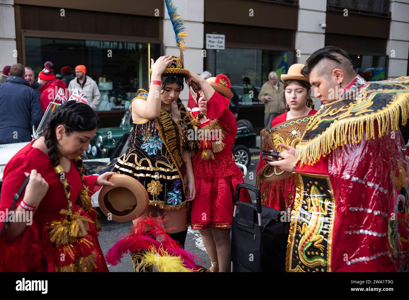 London, UK. 01st Jan, 2024. London New Years Day Parade 2024 Performers from prepare their ...