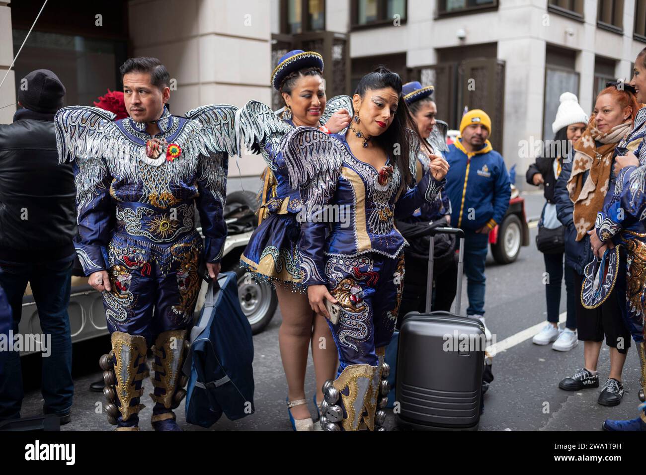 London, UK. 01st Jan, 2024. London New Years Day Parade 2024 Performers from prepare their ...