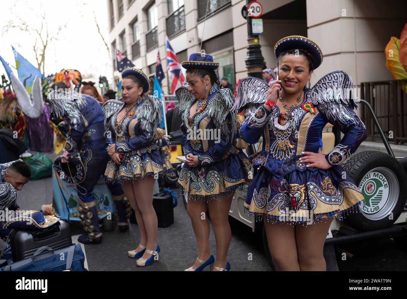 London, UK. 01st Jan, 2024. London New Years Day Parade 2024 Performers from prepare their ...