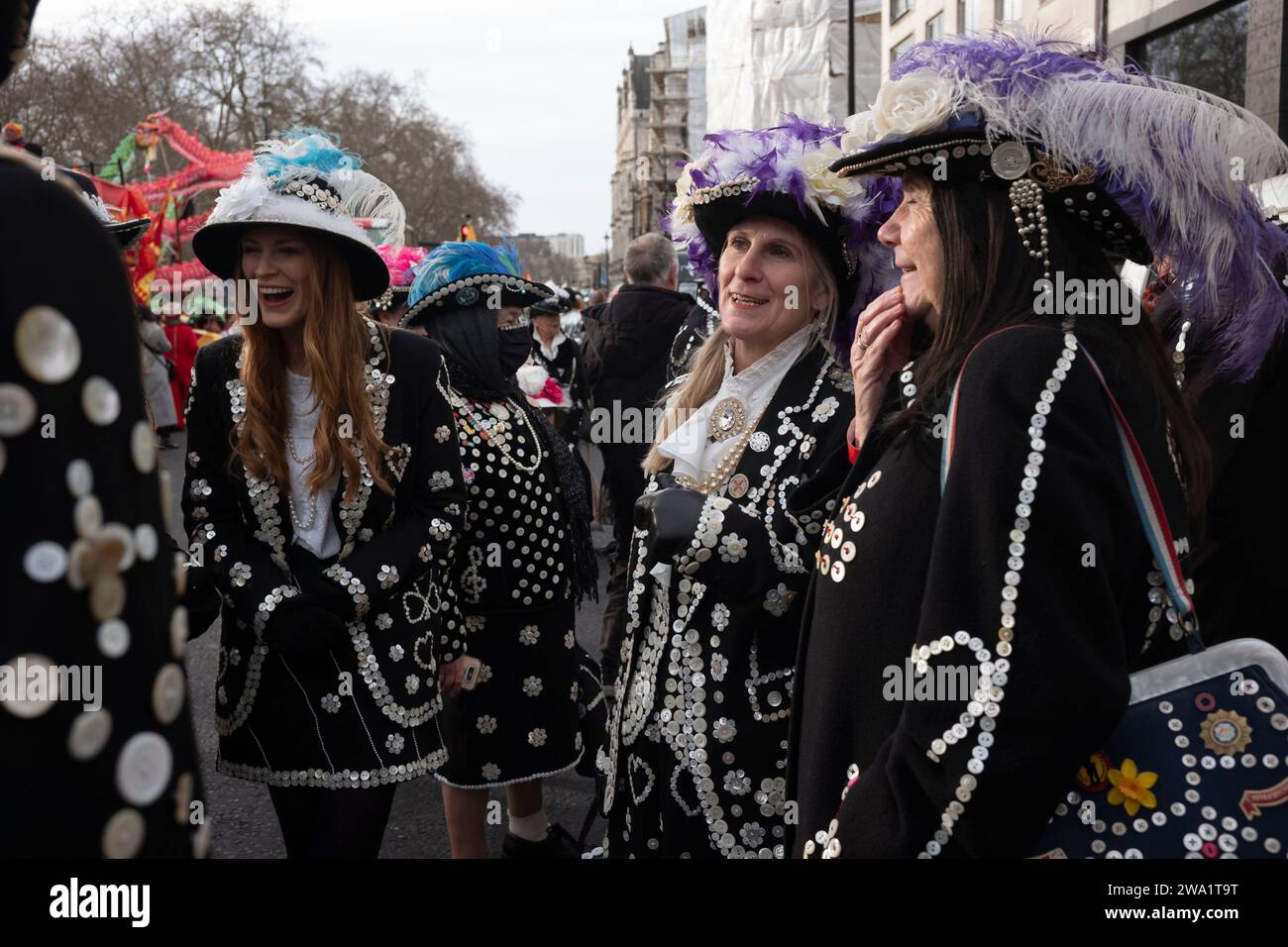 London, UK. 01st Jan, 2024. London New Years Day Parade 2024 Performers and Pearly Kings and ...