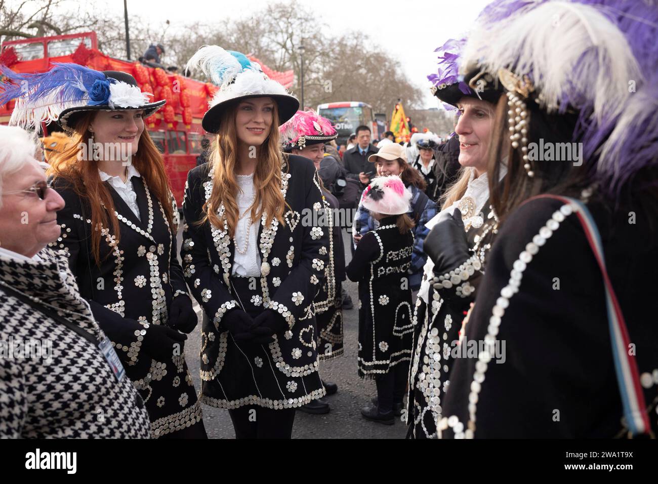 London, UK. 01st Jan, 2024. London New Years Day Parade 2024 Performers and Pearly Kings and ...
