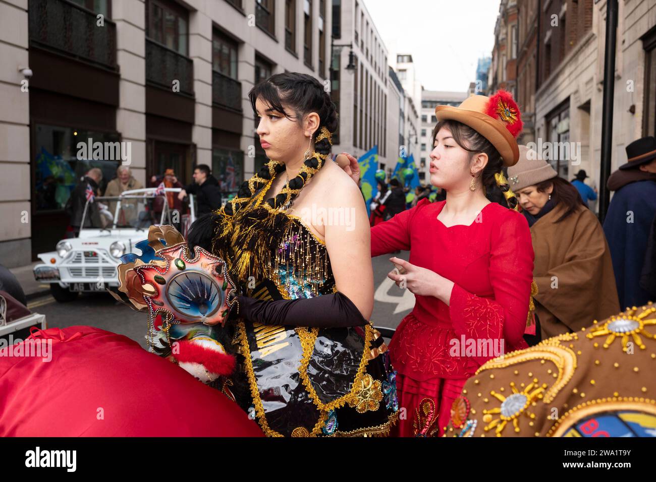 London, UK. 01st Jan, 2024. London New Years Day Parade 2024 Performers from prepare their ...