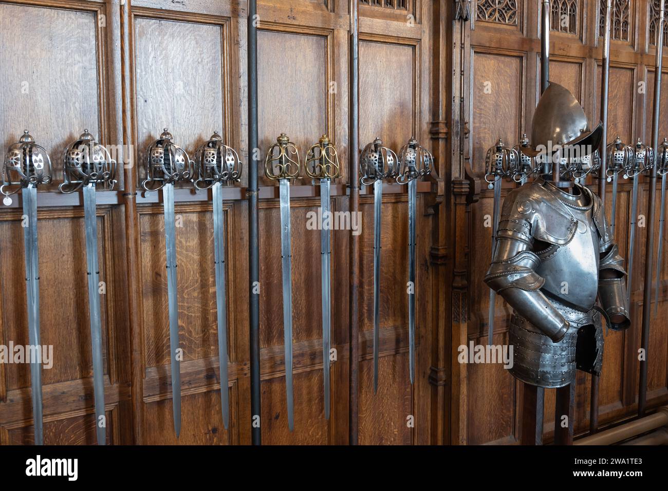 Rapier swords and armour at The Great Hall interior in Edinburgh Castle ...