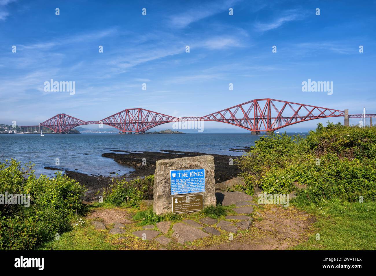The Binks historic landing point and rock formation and Forth Bridge on ...
