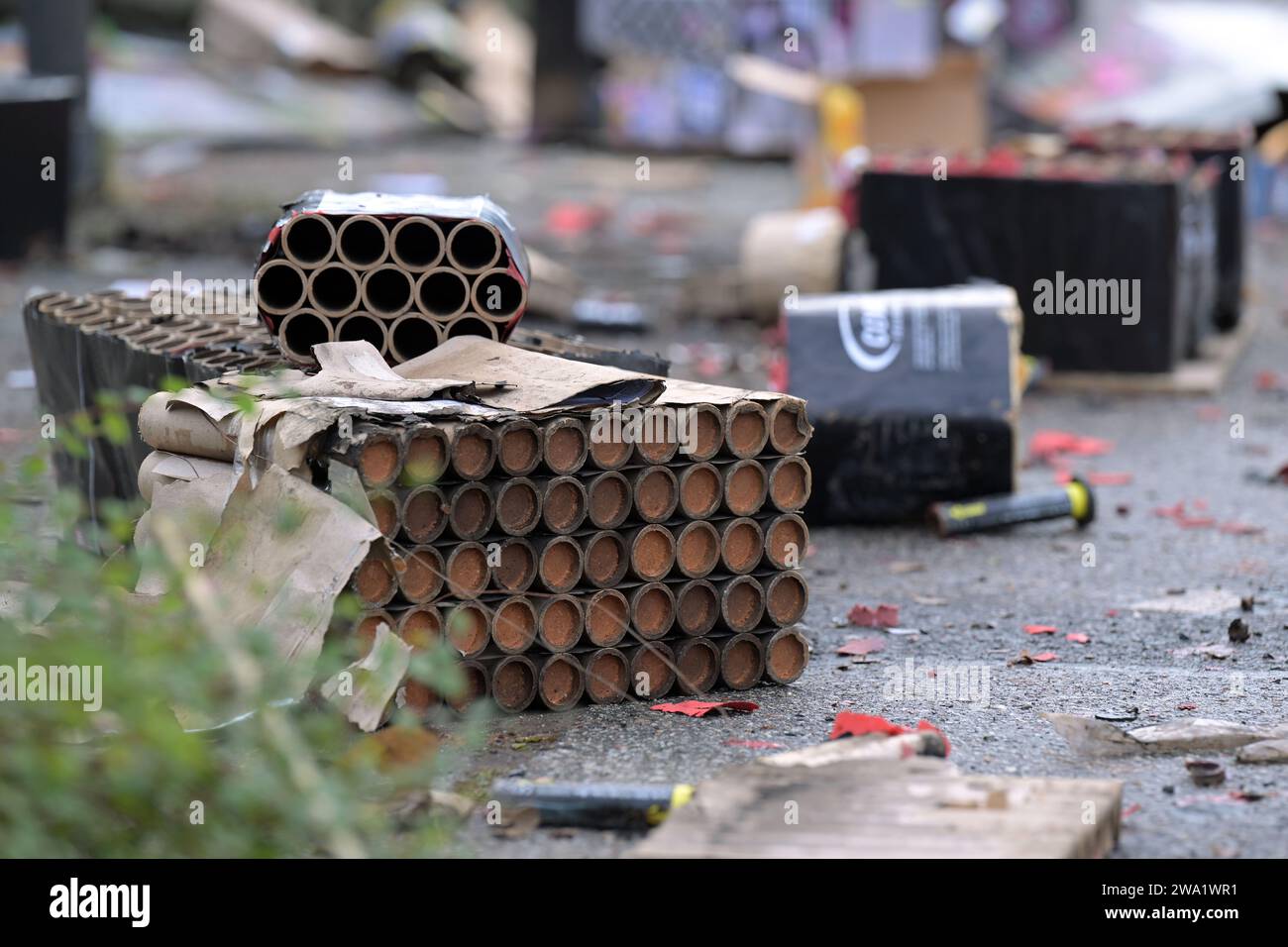 Potsdam, Germany. 01st Jan, 2024. The remains of fireworks are strewn ...