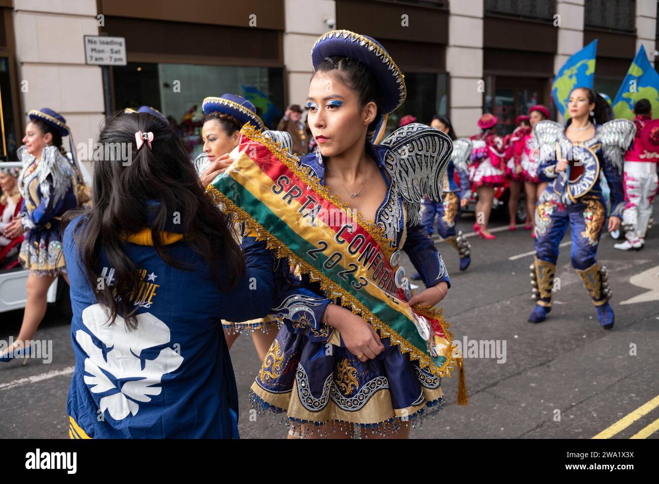 London New Years Day Parade 2024 Performers from prepare their costumes ready for the start of ...