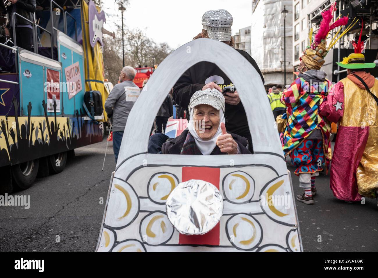 London, UK. 01st Jan, 2024. London New Years Day Parade 2024 Performers from prepare their ...