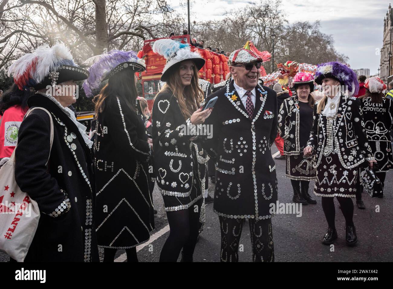 London, UK. 01st Jan, 2024. London New Years Day Parade 2024 Performers and Pearly Kings and ...