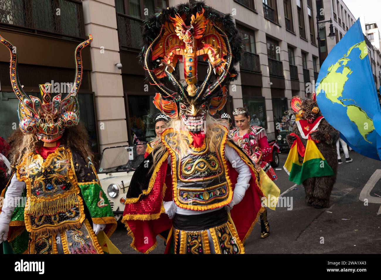 London, UK. 01st Jan, 2024. London New Years Day Parade 2024 Performers from prepare their ...