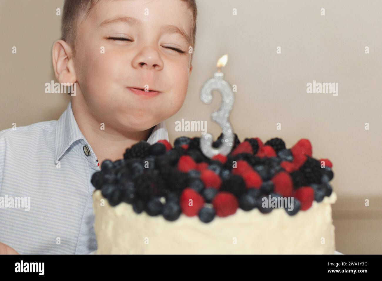 Boy blows out the candles for his birthday Stock Photo - Alamy