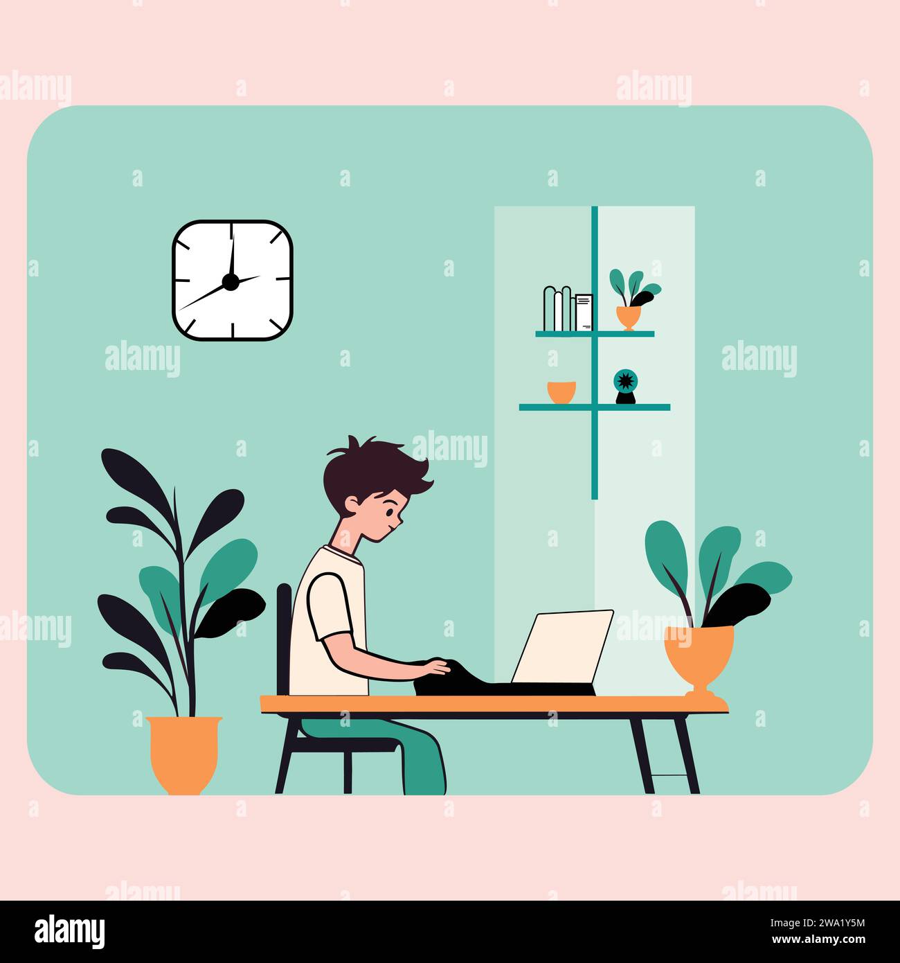 A cartoon boy working on laptop in a room vector illustration design ...