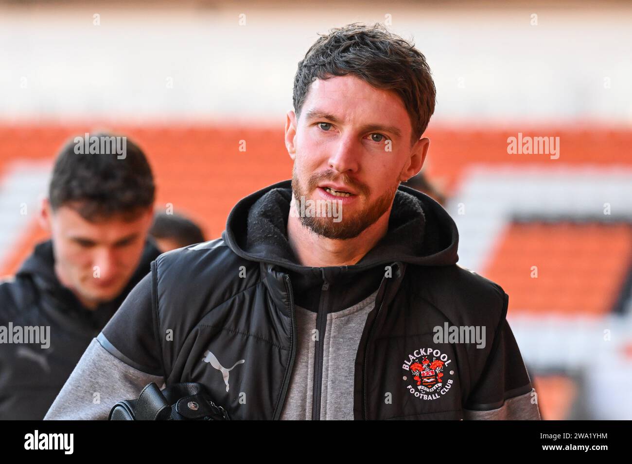 James Husband of Blackpool arrives ahead of the Sky Bet League 1 match ...