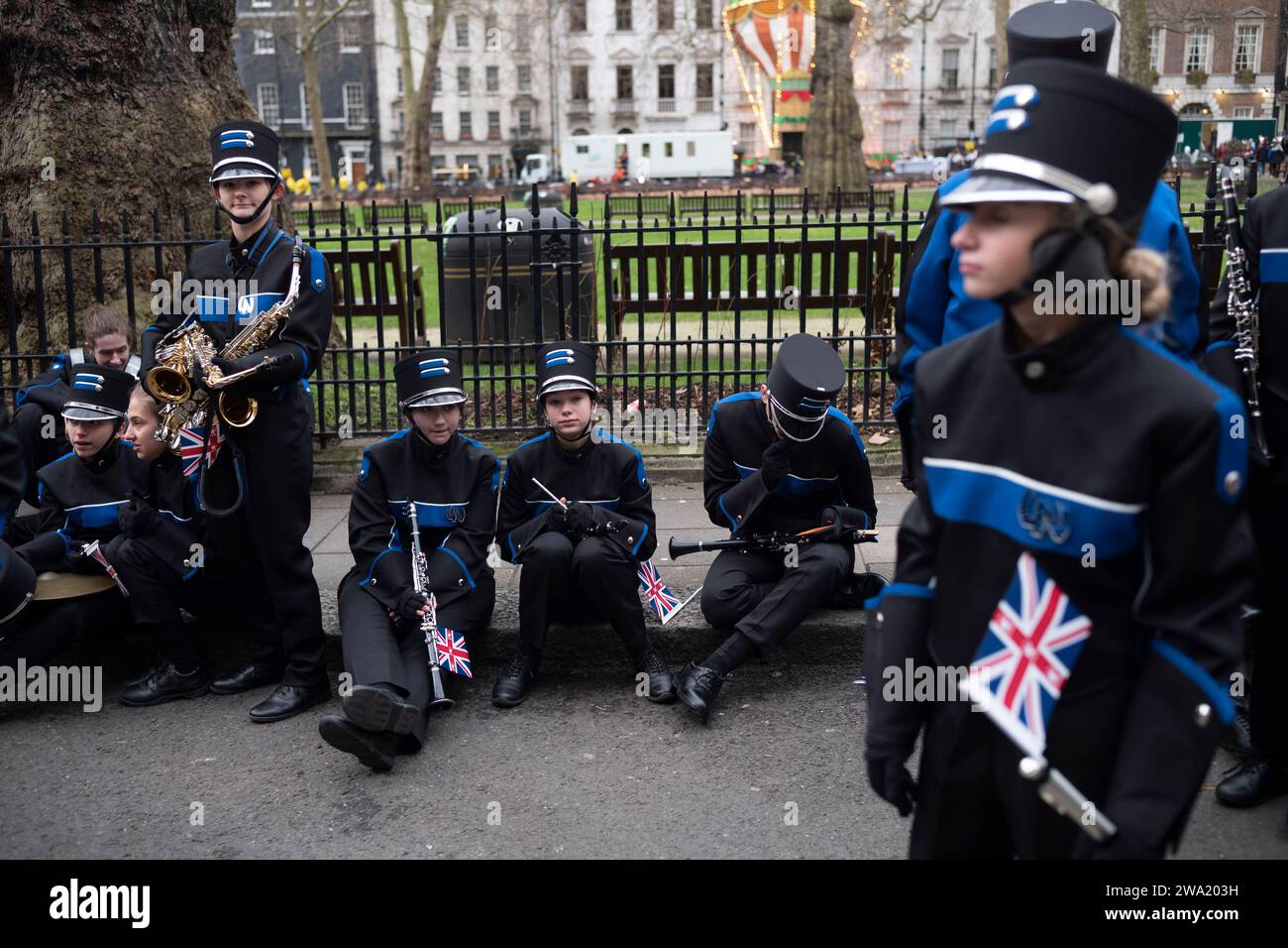 London, UK. 01st Jan, 2024. London New Years Day Parade 2024 Performers from prepare their ...