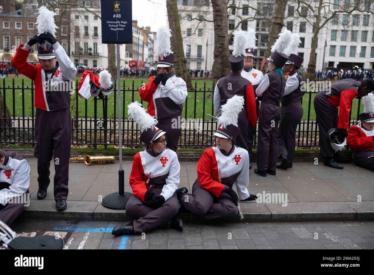London, UK. 01st Jan, 2024. London New Years Day Parade 2024 Performers from prepare their ...