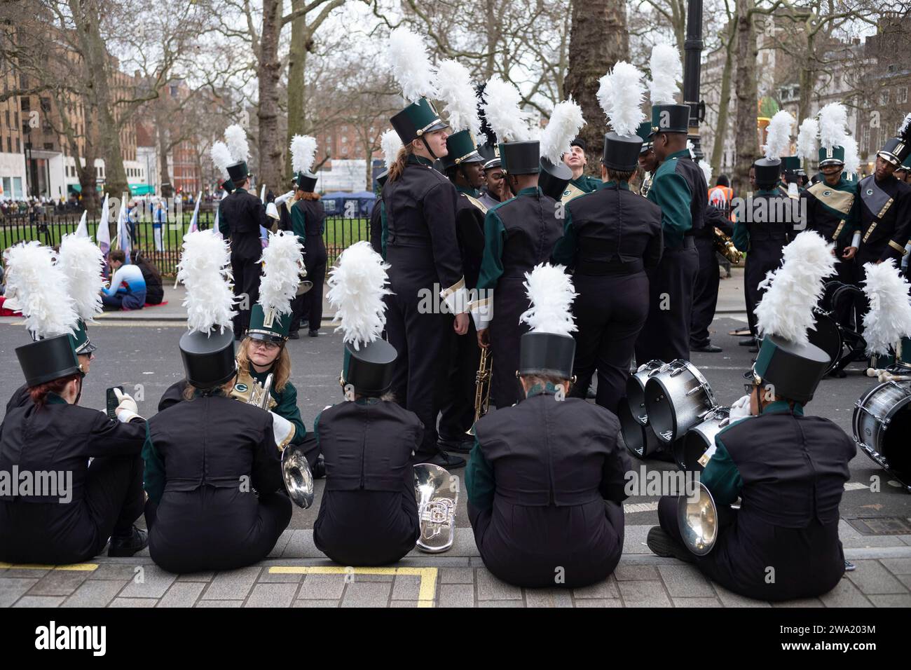 London, UK. 01st Jan, 2024. London New Years Day Parade 2024 Performers from prepare their ...