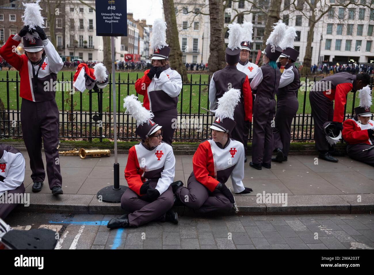 London, UK. 01st Jan, 2024. London New Years Day Parade 2024 Performers from prepare their ...