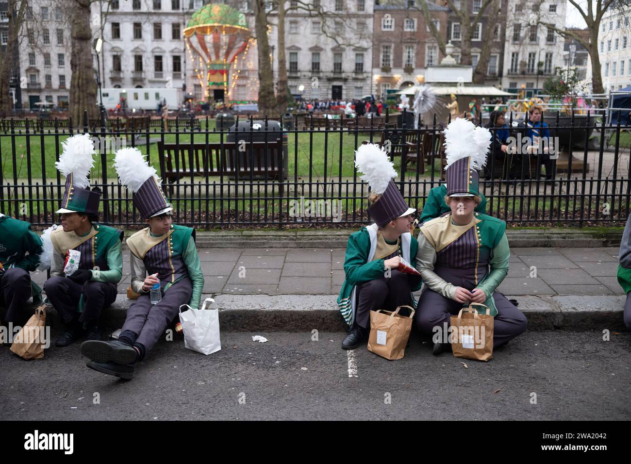 London, UK. 01st Jan, 2024. London New Years Day Parade 2024 Performers from prepare their ...