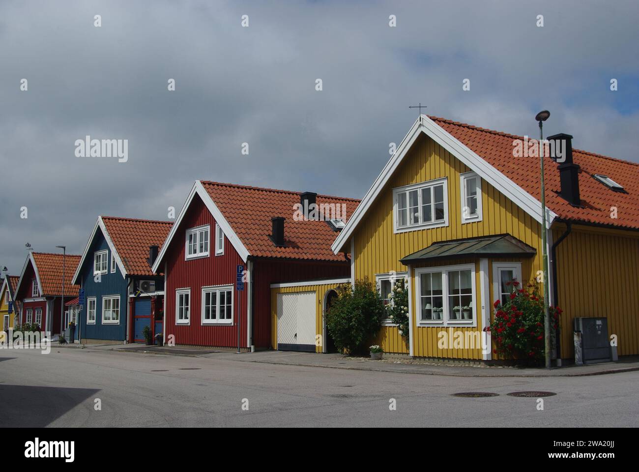 Traditional seaside wooden houses, Kalmar, Smaland, Sweden Stock Photo ...