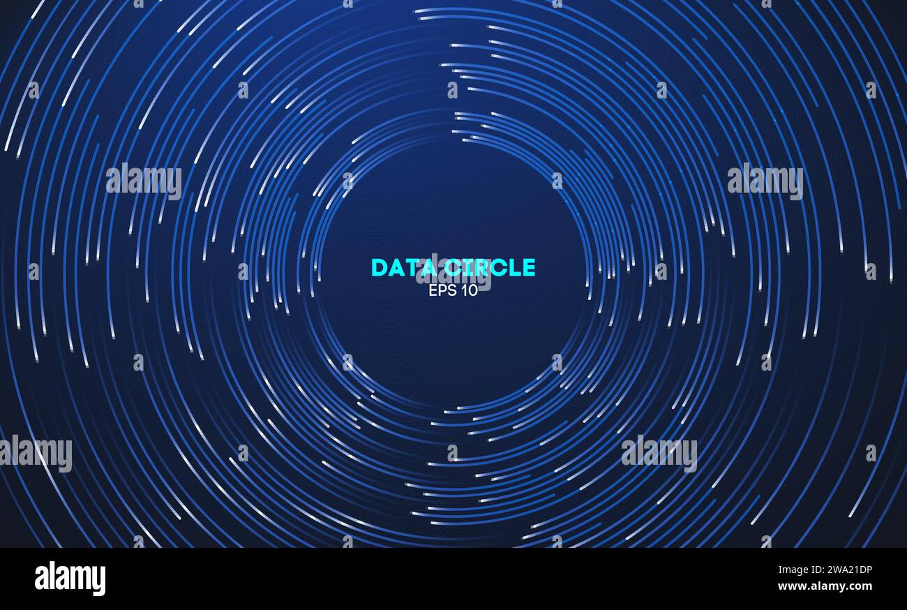 Circular data swirl on dark blue technology background. Hurricane vortex concentric lines Stock ...