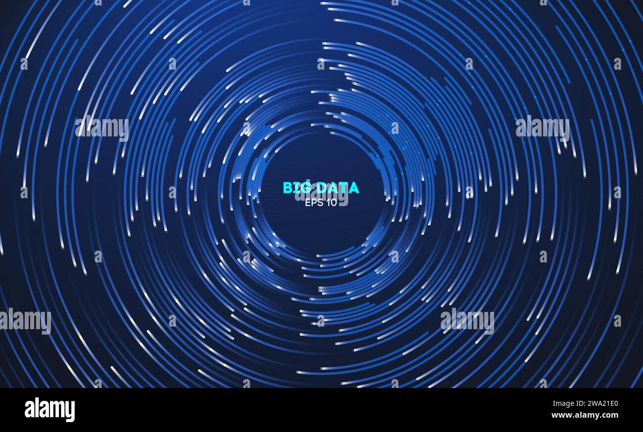 Circular data swirl on dark blue technology background. Hurricane vortex concentric lines Stock ...