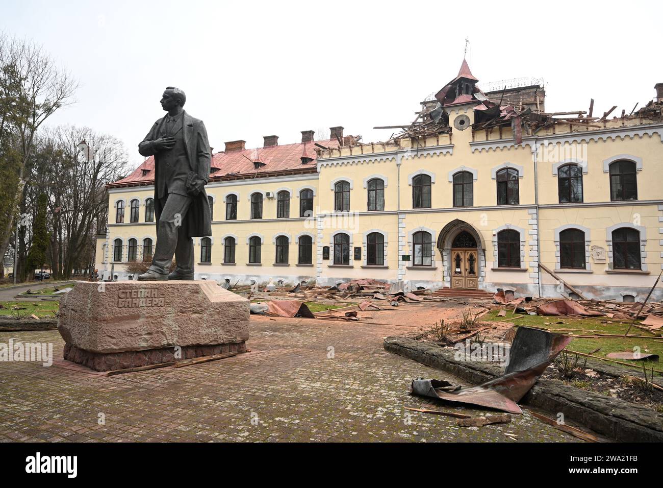 Lviv, Ukraine - January 1, 2024: Monument of Stepan Bandera near the ...