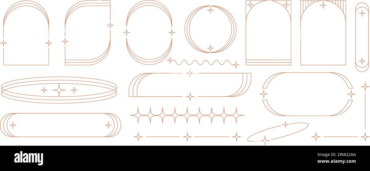 Aesthetic frame shape. Outline minimal graphic elements with stars. Abstract boho arches with ...