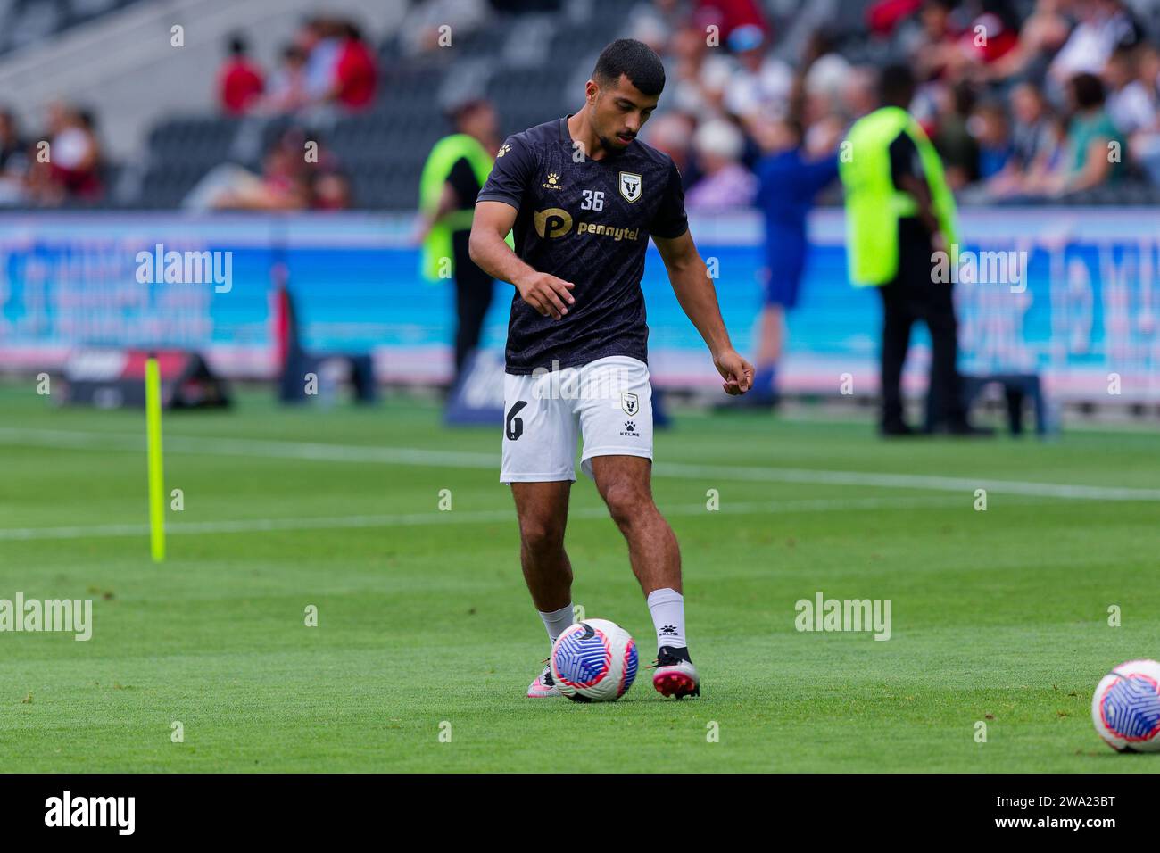 Sydney, Australia. 01st Jan, 2024. Ali Auglah of Macarthur FC warms up ...