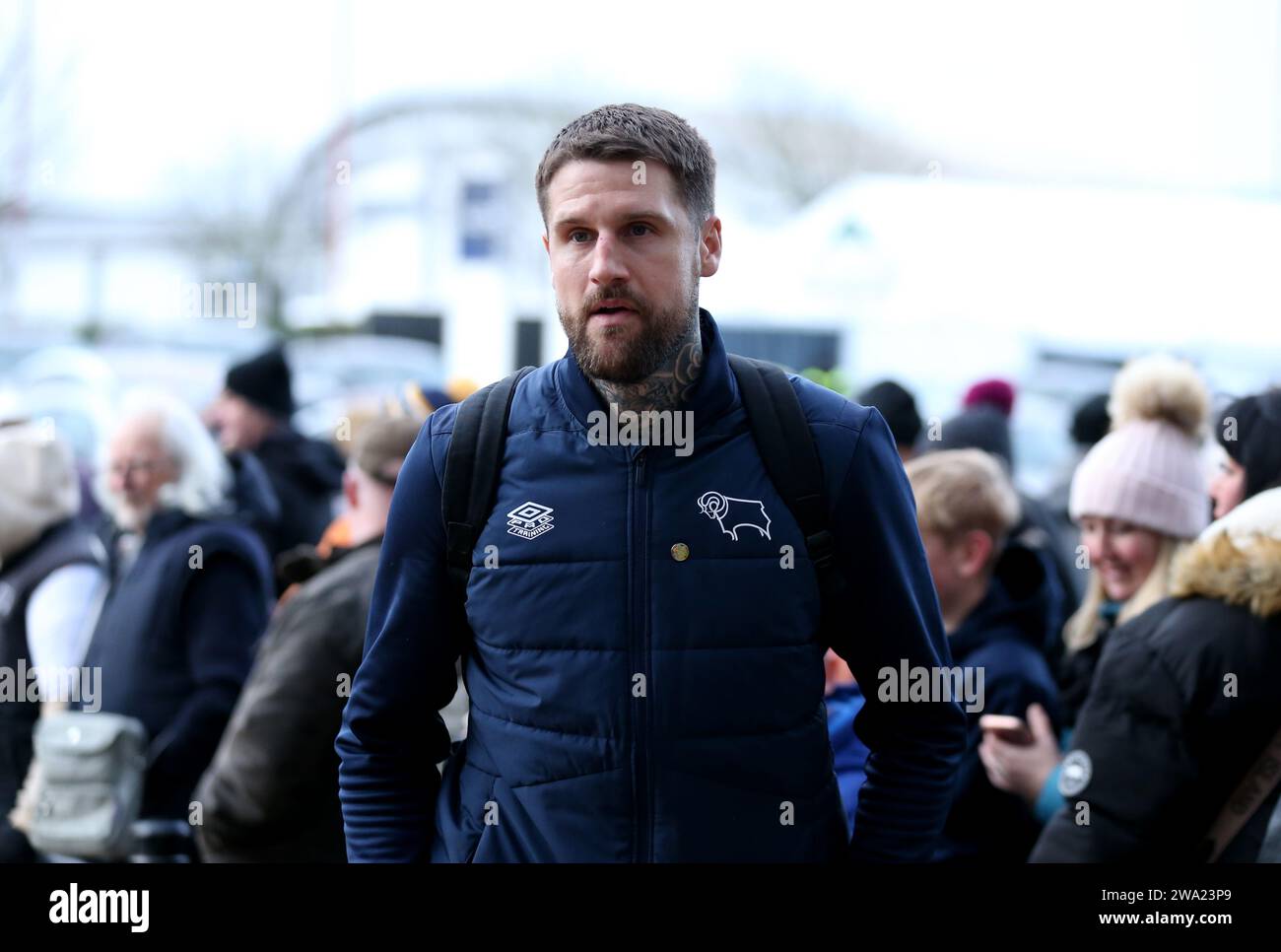 Derby County goalkeeper Scott Loach arrives at the ground ahead of the ...