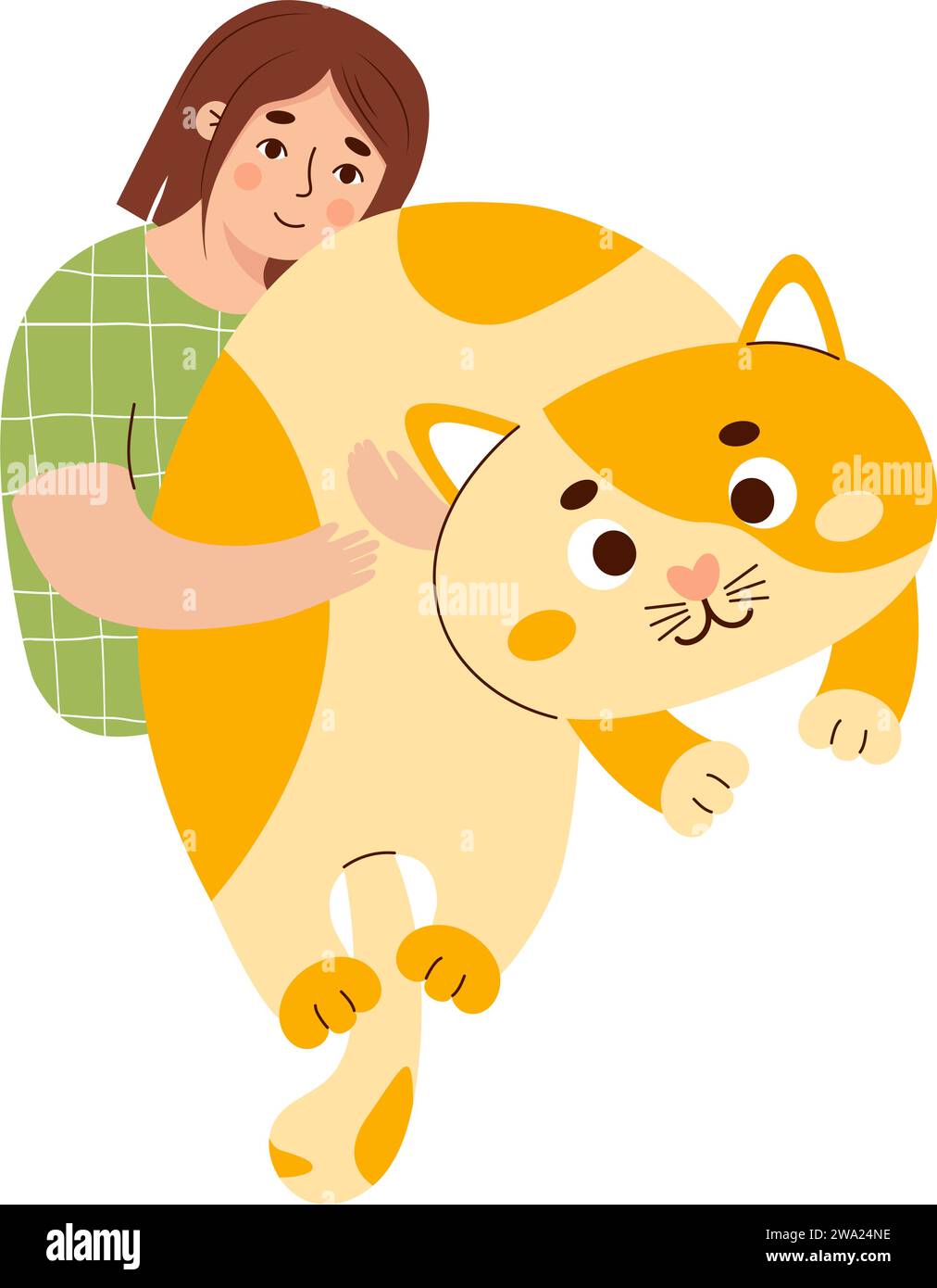 Girl hugs big toy cat. Soft plush anti-stress huggable toy. Person with ...