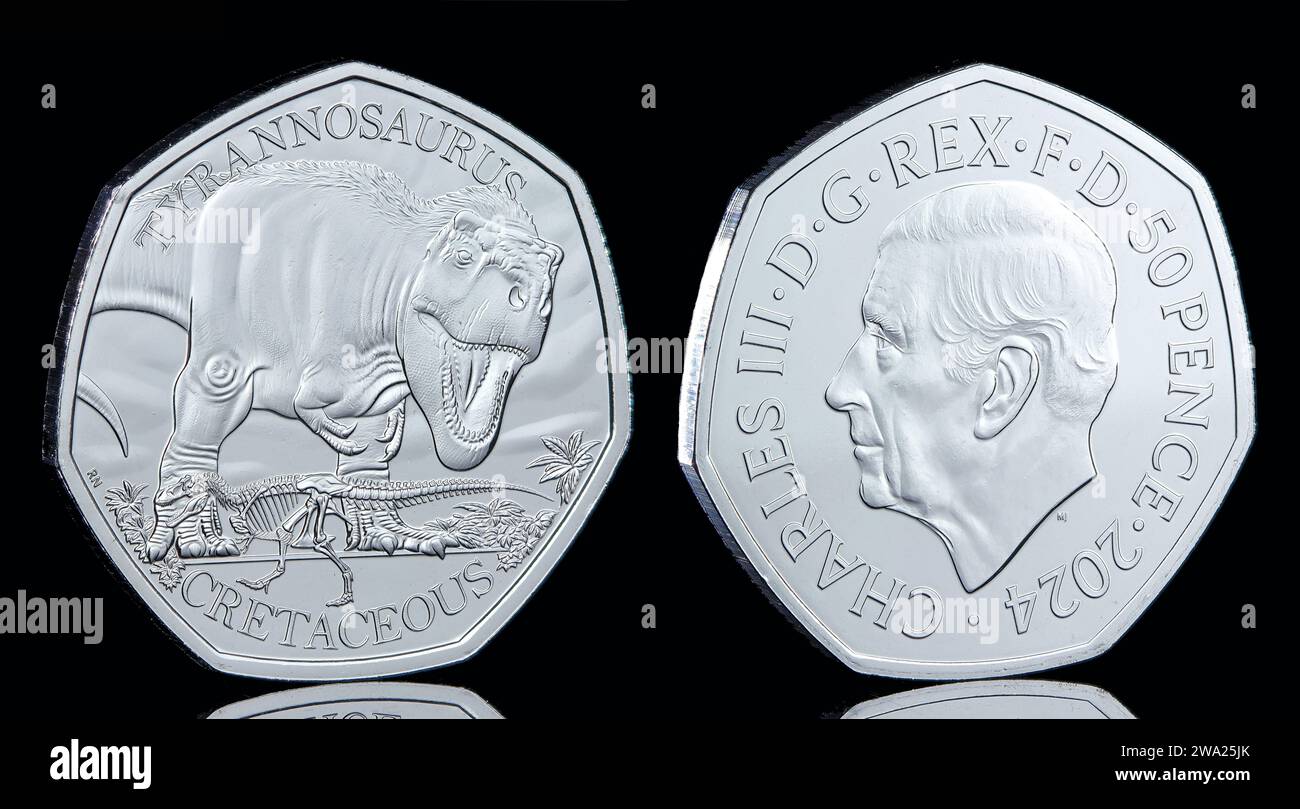 The first 50 pence coin of 2024 features a Tyrannosaurus Rex on the ...