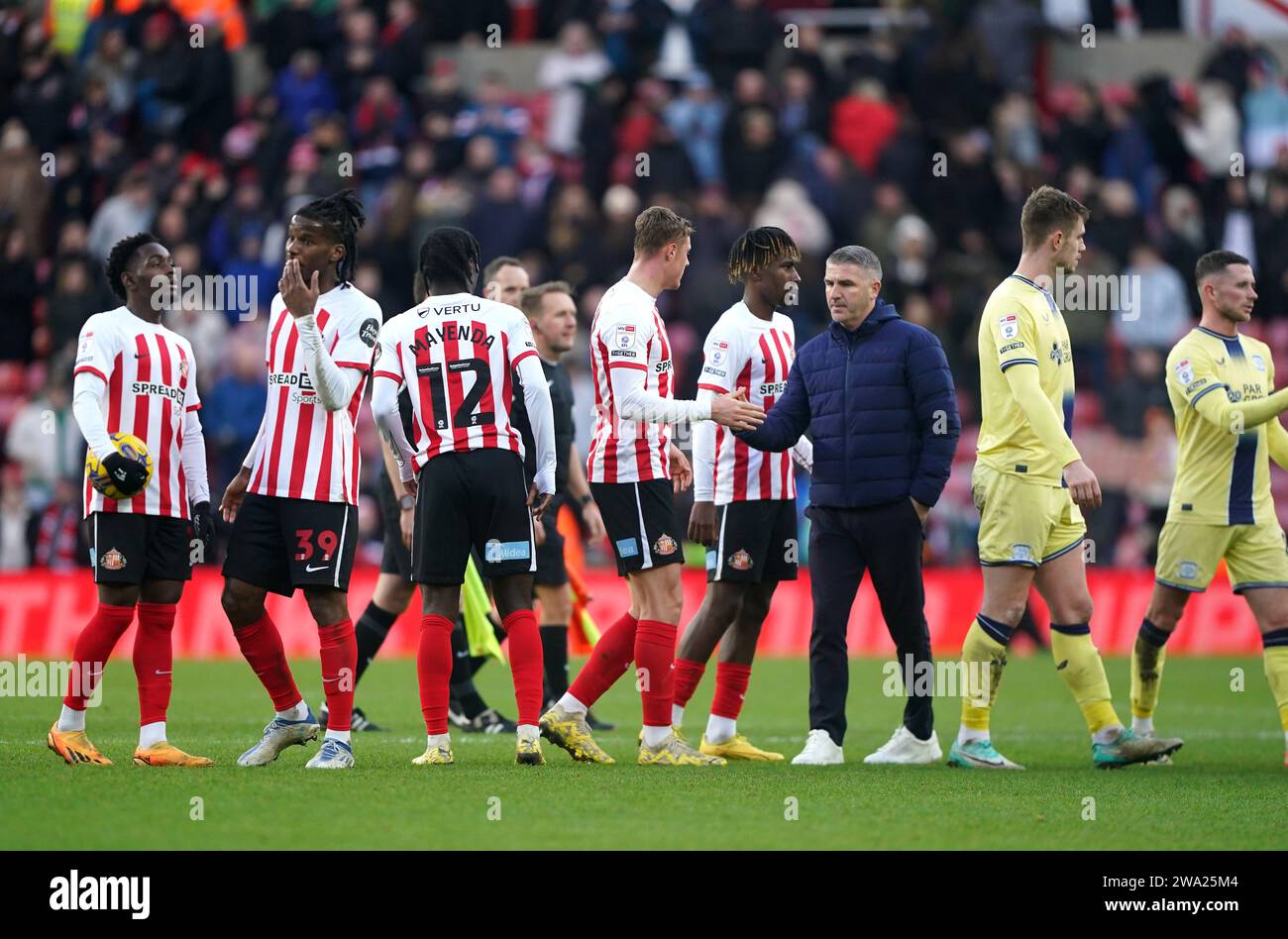 Preston North End manager Ryan Lowe greets Sunderland players following the Sky Bet Championship ...