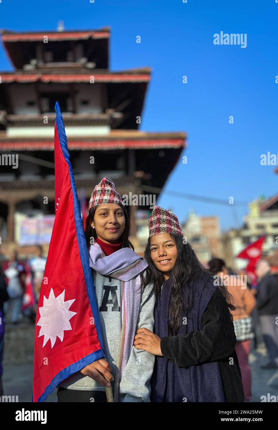 Kathmandu, Bagmati, Nepal. 1st Jan, 2024. Nepali girl wearing Dhakatopi ...