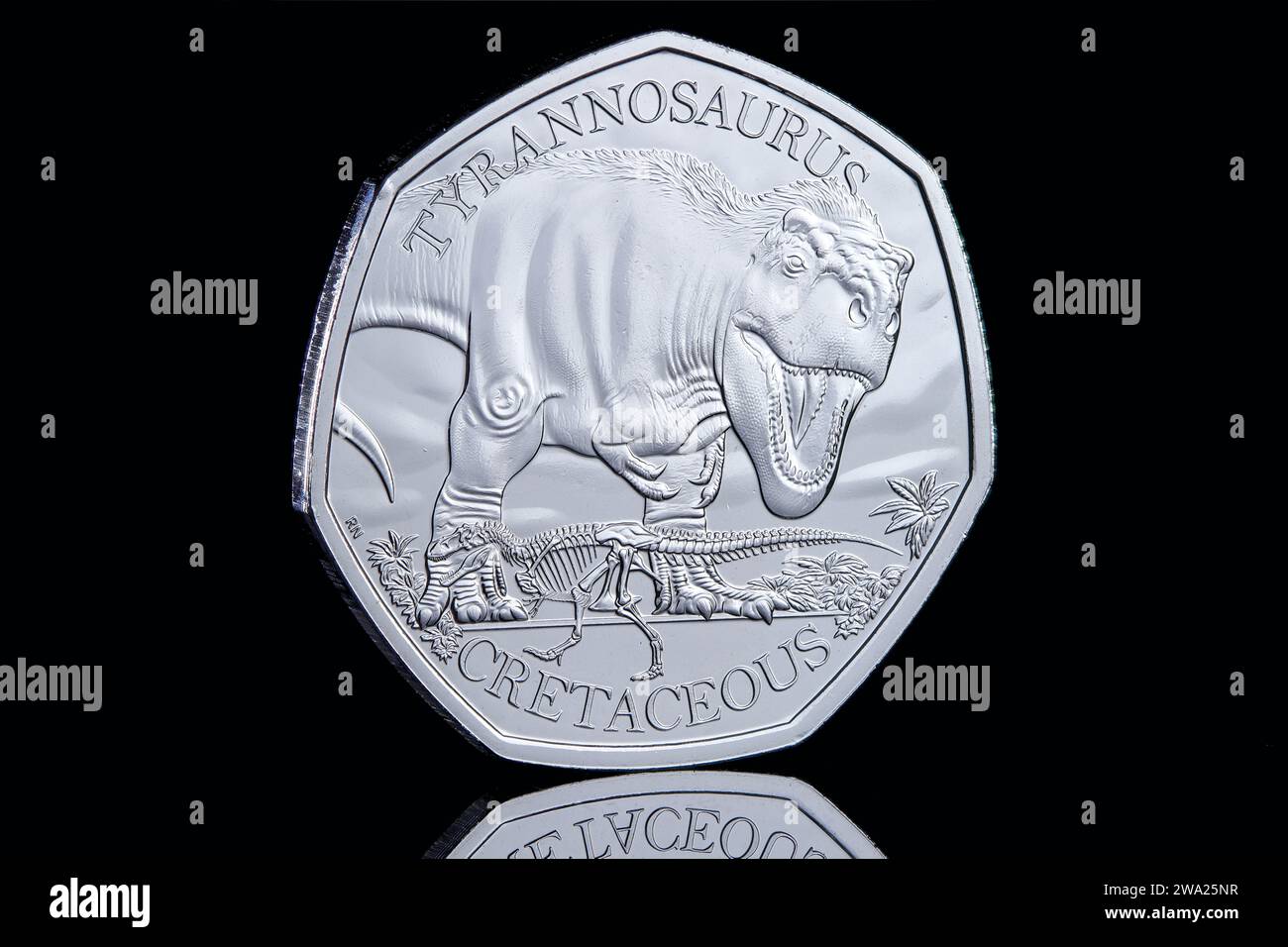 The first 50 pence coin of 2024 features a Tyrannosaurus Rex on the ...