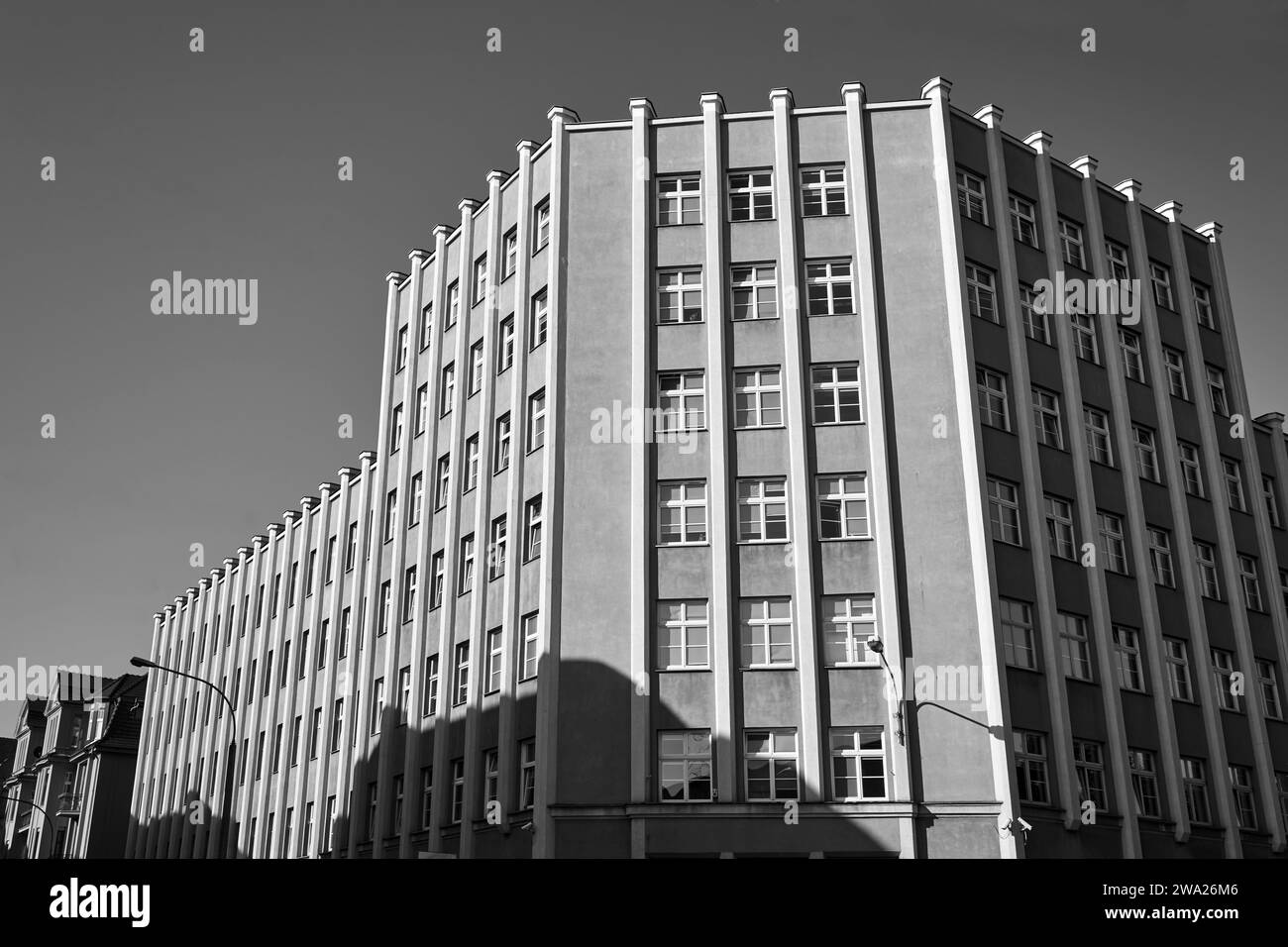 The facade of a modernist office and residential building in Poznan ...