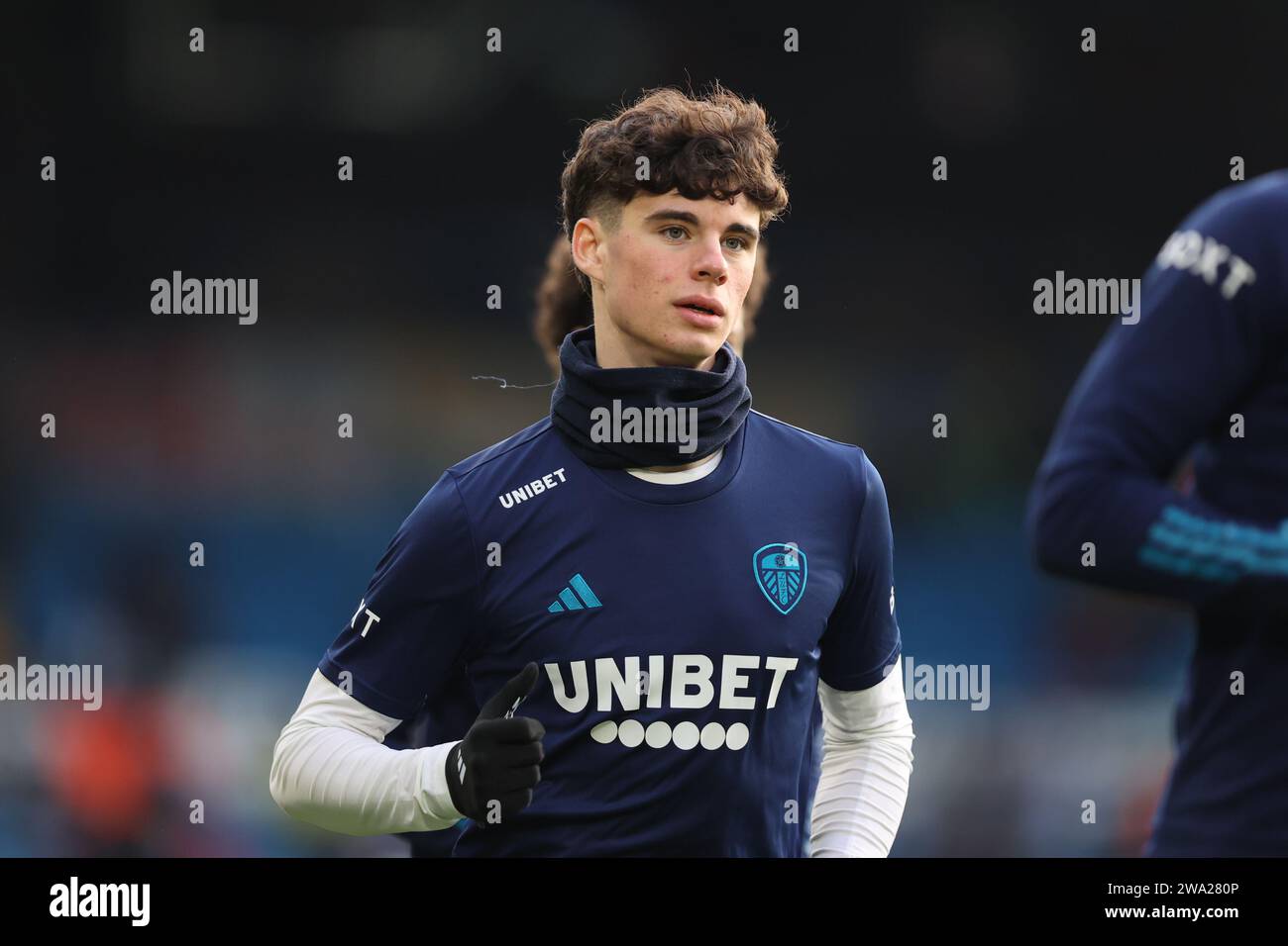 Archie Gray of Leeds United warms up before the Sky Bet Championship ...
