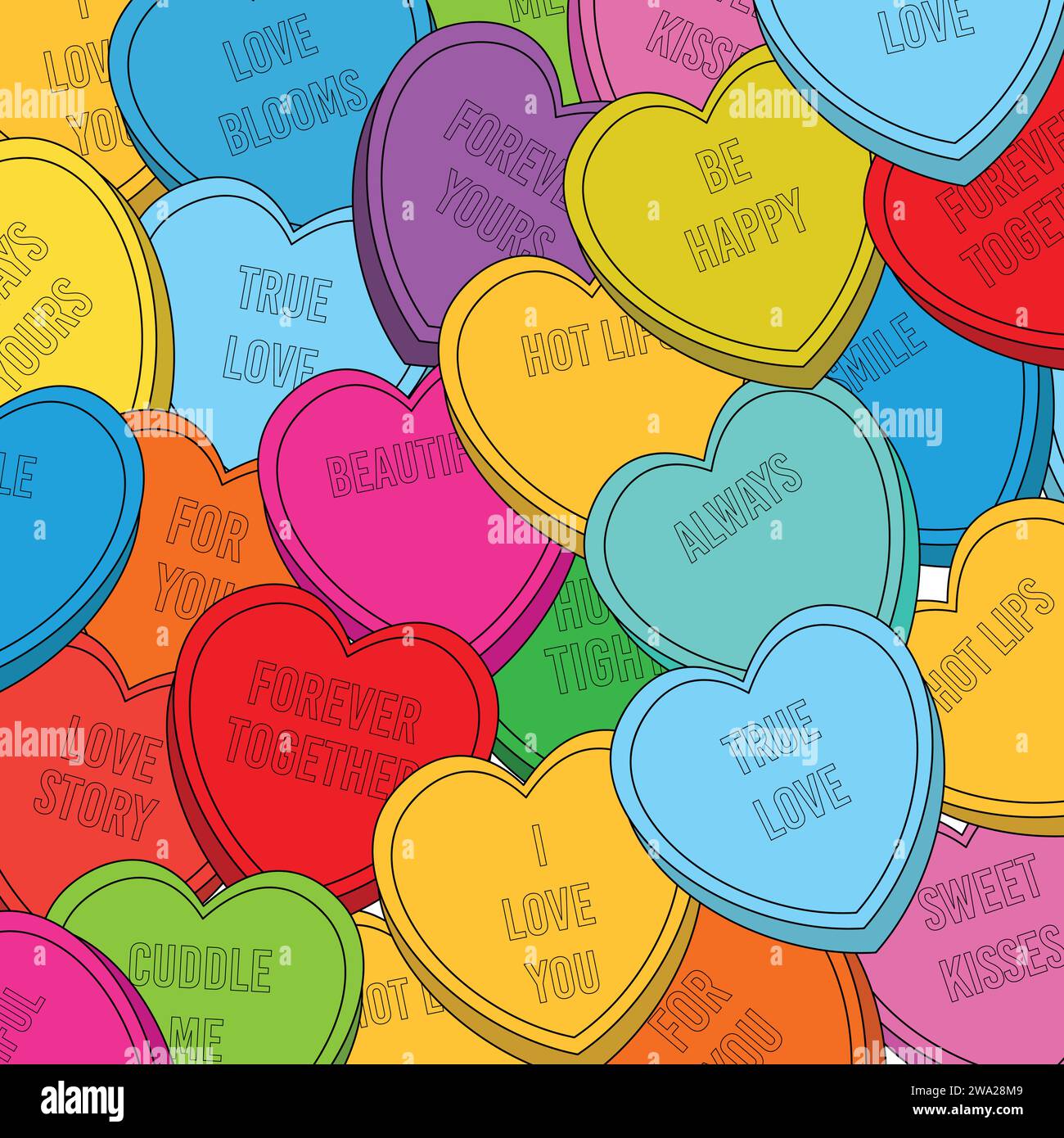 Love heart candy or sweets cartoon style black outline design with ...