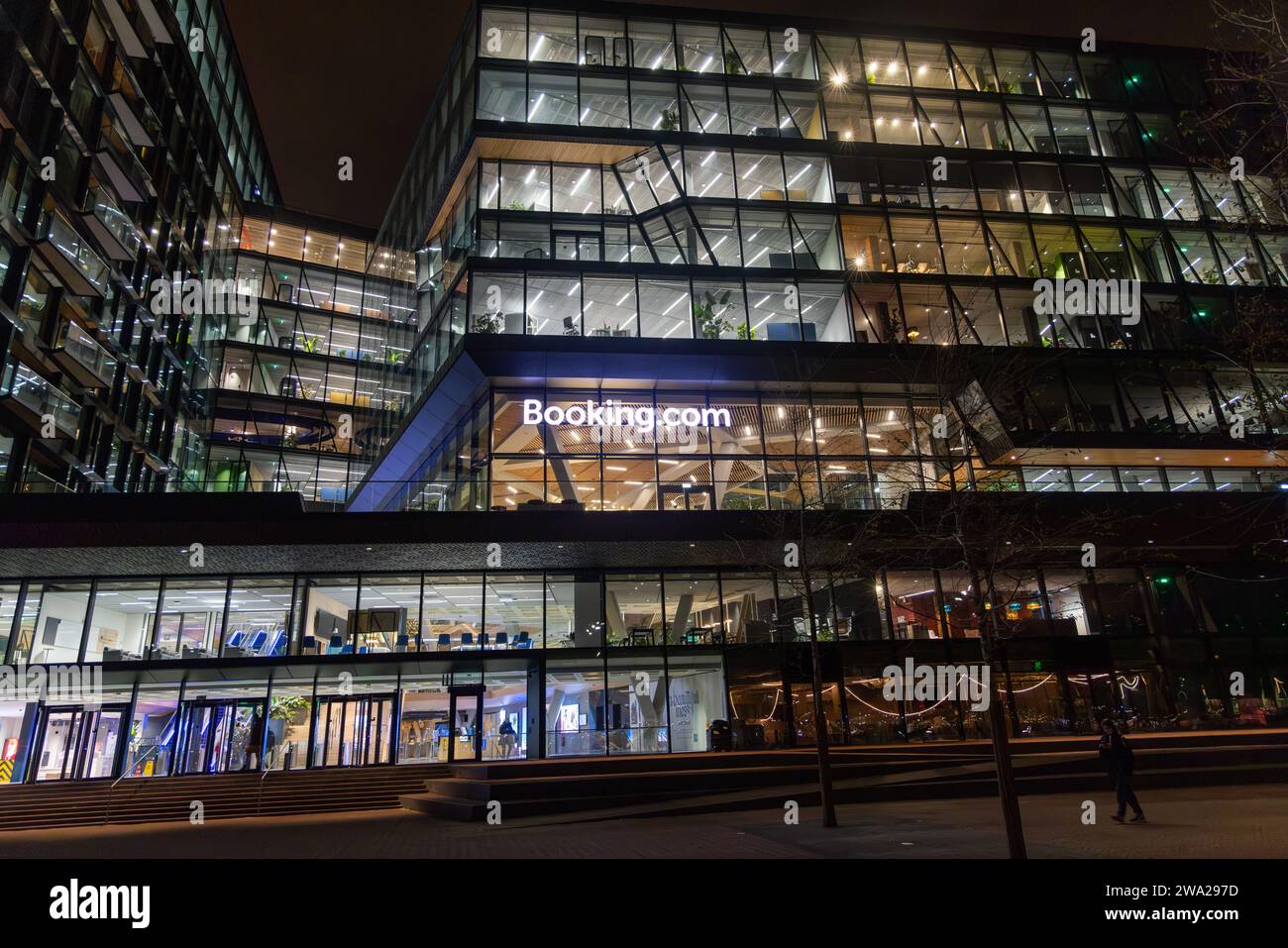 Nightly view on the head office HQ of Booking.com in Amsterdam, the ...
