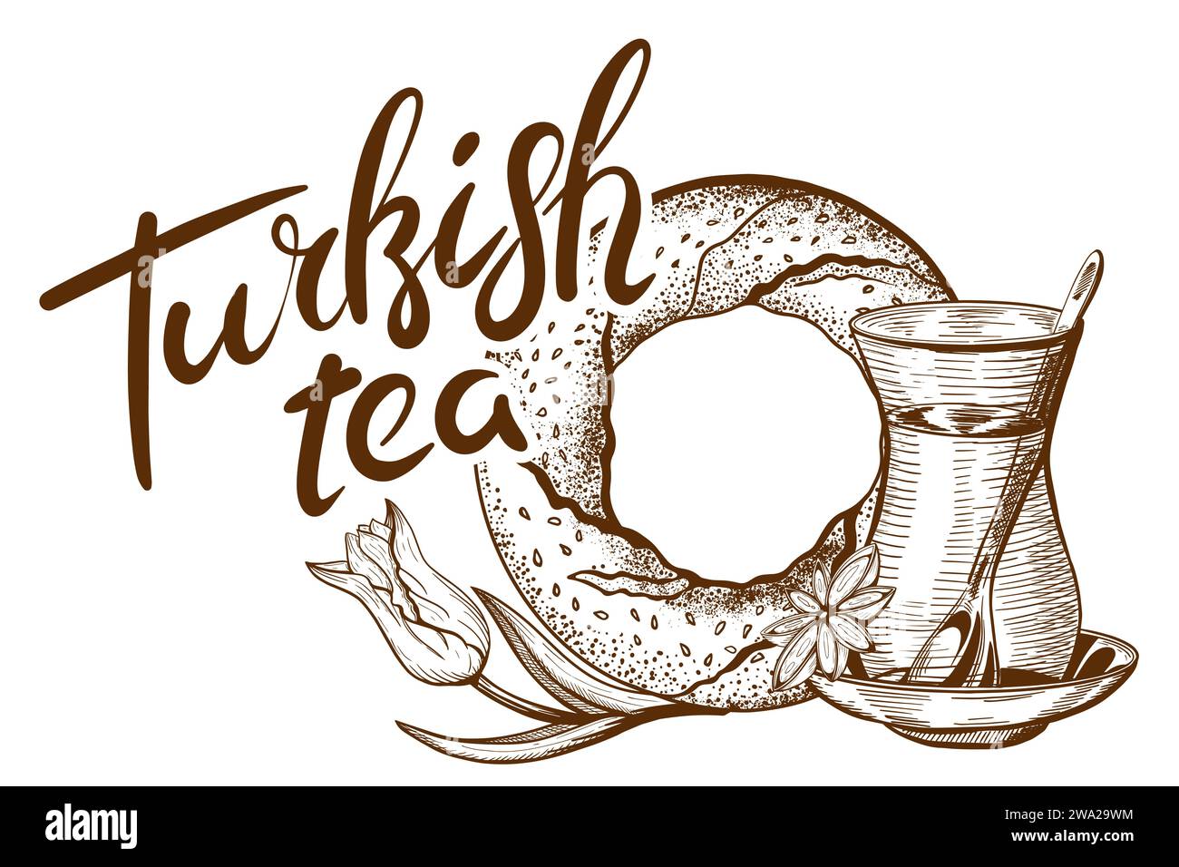 Hand Drawn sketches of Glass of Turkish Tea, and Bagel. Food Symbols of ...