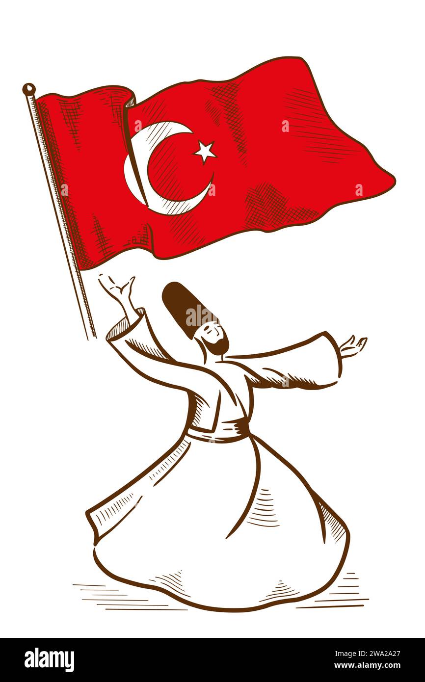 Sketch Drawing of the Official Flag of Turkey, Dancing Dervish symbols ...
