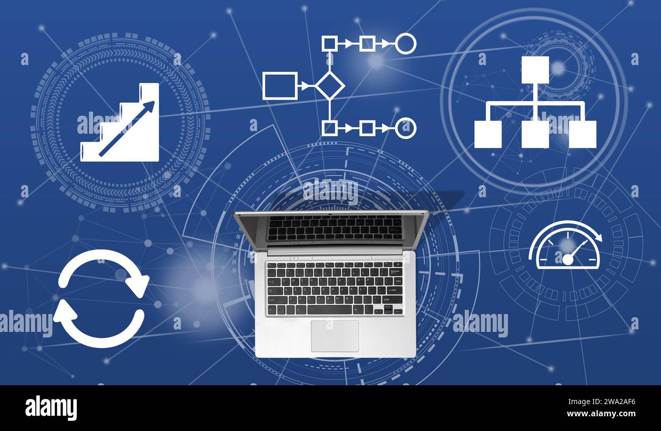 Top view of laptop with symbol of workflow concept Stock Photo - Alamy