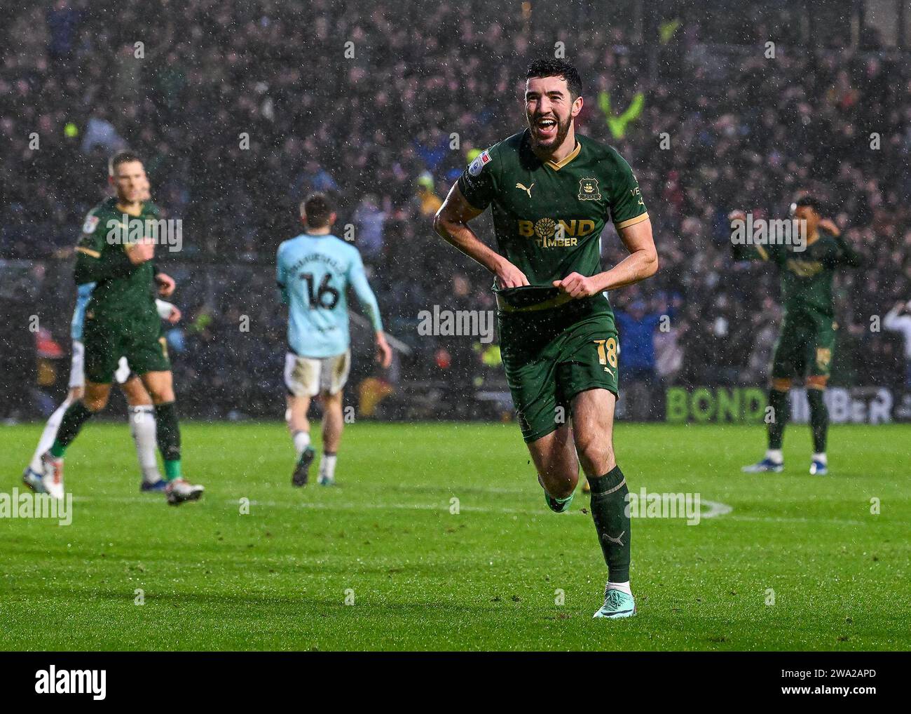 Finn Azaz of Plymouth Argyle scores to make it 1-1 during the Sky Bet ...